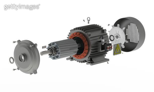 Electric motor, exploded view 3D rendering isolated on white background ...