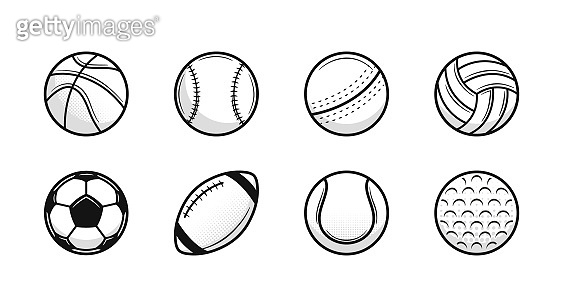 Set of 8 Sport vintage balls icons. Cricket, Baseball, American ...