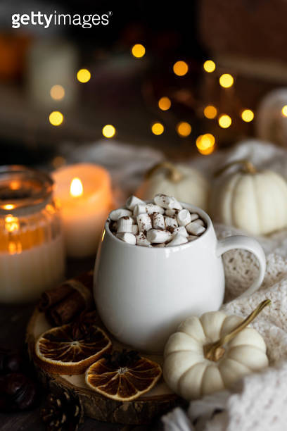 Autumn cozy home composition with hot chocolate with marshmallow and ...