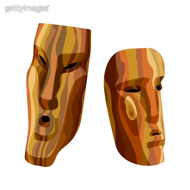 Wooden traditional masks of ancient spirits. Folk mystical characters ...