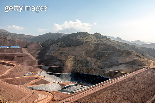 View of the tailings dam or waste dam construction and sealing membrane ...