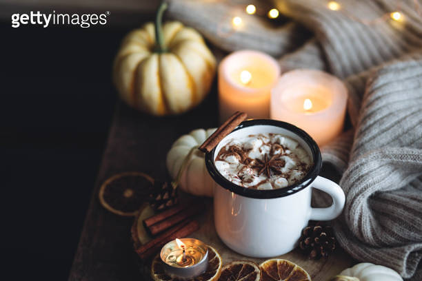 Autumn cozy home composition with hot chocolate with marshmallow and ...
