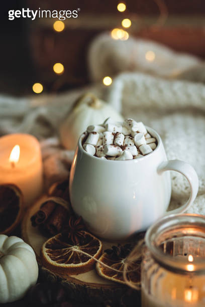 Autumn cozy home composition with hot chocolate with marshmallow and ...