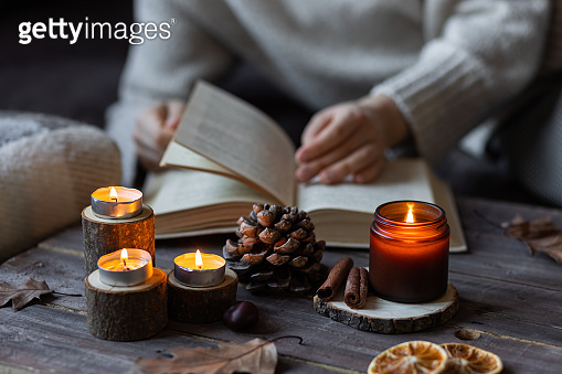Autumn cozy home composition with hot chocolate with marshmallow and ...