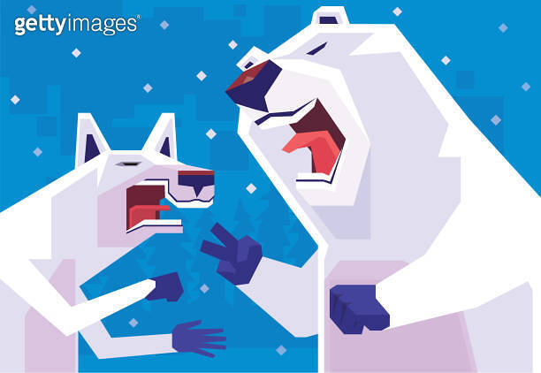 polar bear and arctic wolf arguing 이미지 (1422161149) - 게티이미지뱅크