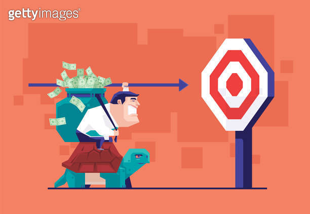 businessman riding tortoise and carrying sack of money banknotes and ...