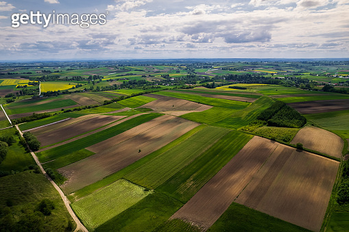 Colorful Lush Crop Fields in Rural Counrtyside Landscape. Aerial Drone ...