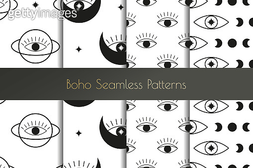 Set of boho seamless patterns with seeing eyes and moon. 이미지 ...