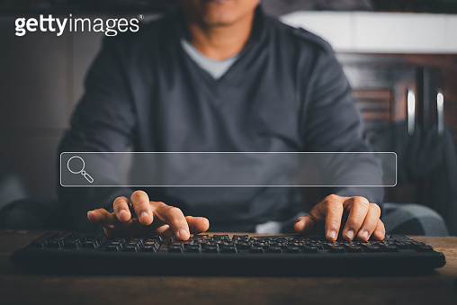 Data Search Technology, man's hands using computer keyboard to searching for information. 이미지 ...