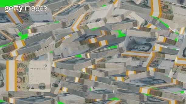 Many wads of money on chromakey background. 10 Chinese Yuan banknotes ...