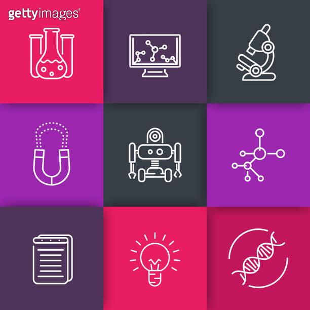Science line icons on squares, research, laboratory, biology, chemistry ...