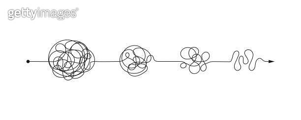 Complex messy connected lines as concept of chaos solving. Process of problem simplifying in ...