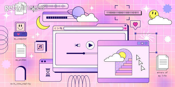 Retro browser computer window in 90s vaporwave style with smile face hipster stickers. Retrowave ...
