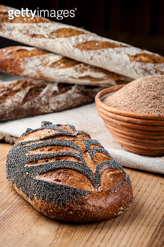 Bread. Craft bread. Home bakery. Photo of bread on a wooden board ...