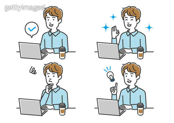 Facial expression illustration set of a man operating a personal ...