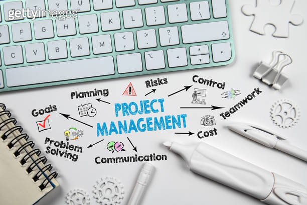 Project Management Concept. Chart with keywords and icons. White office ...