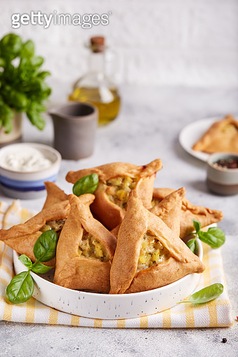 Pies with chicken, potato, onion and herbs. Small homemade kurnik meat ...