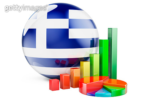 Greek flag with growth bar graph and pie chart. Business, finance ...