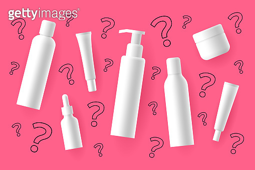 Cosmetic products and question marks over colored background 이미지 ...