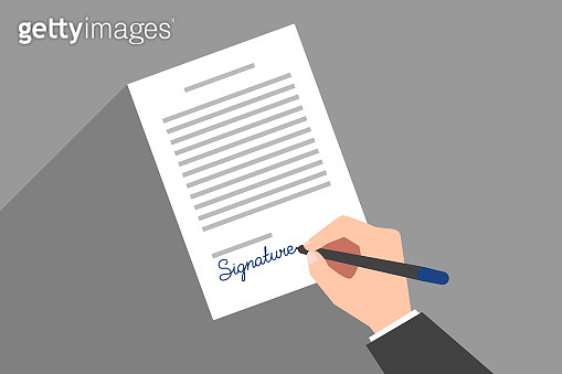 Document and hand of person putting signature at the bottom of paper ...