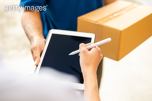 Hand woman signing electronic Signature on tablet for agreement of ...