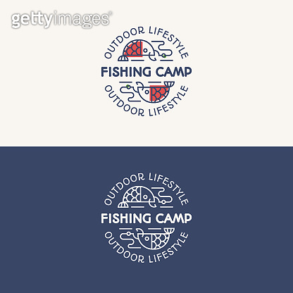 Fishing camp logo set consisting of fish on the hook for explore emblem ...