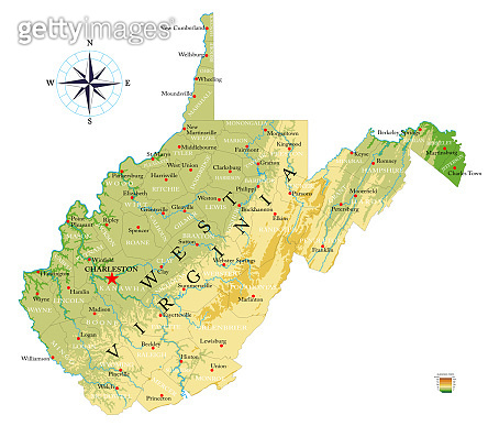West Virginia highly detailed physical map (1450618176) - 게티이미지뱅크