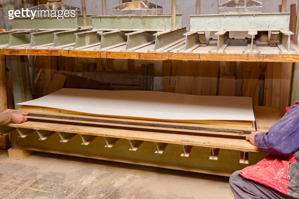 Workers in carpentry placed glued wooden profiles in the large clamp ...
