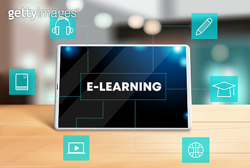 E-learning vector concept design. Elearning text in tablet screen ...
