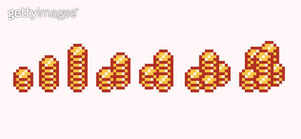 Golden coins pixel art set. Medals, treasure reward, stack of money ...