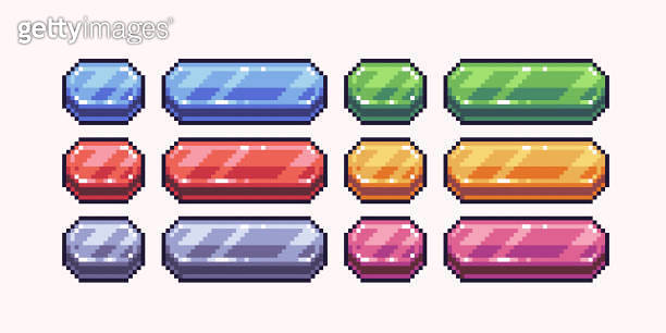 Crystal diamond buttons pixel art set. Colorful ice interface bar ...