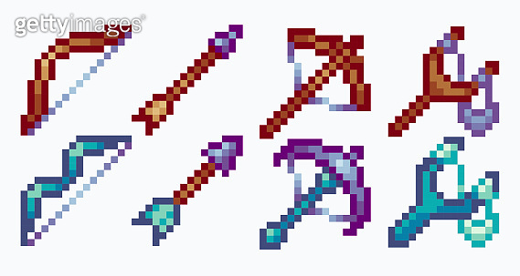 Bow, slingshot and crossbow pixel art set. Archery collection. 8-bit ...