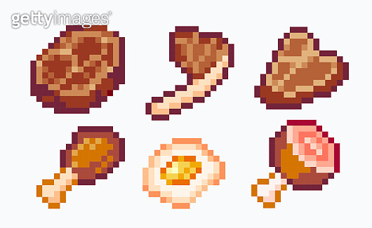 Cooked meat pixel art set. Beef, pork steaks, chicken leg, scrambled ...