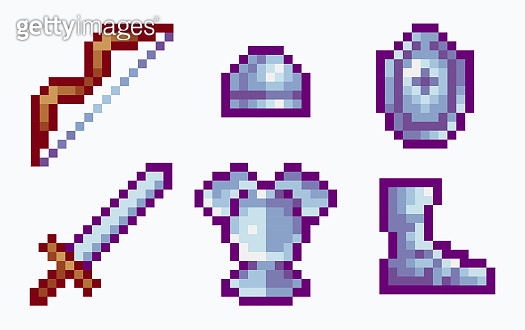 Steel armor and weapons pixel art set. Medieval combat ammunition ...