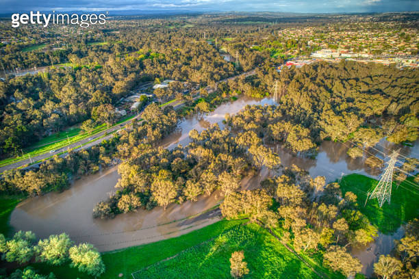 Aerial view of the Yarra Flats fooodplain in Bulleen, Melbourne, during ...