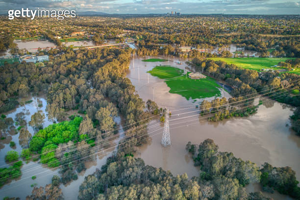 Aerial view of the Yarra Flats fooodplain in Bulleen, Melbourne, during ...