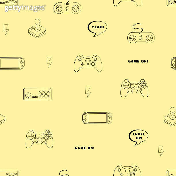 Cute seamless outline pattern in pixel game style. Colorful gamer ...