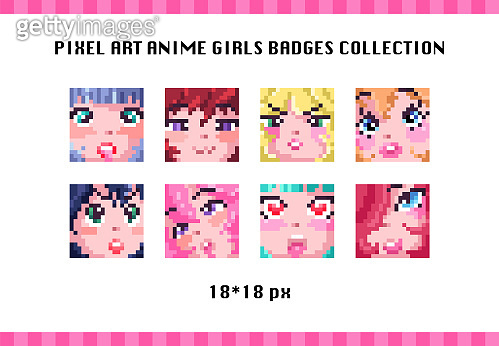 Pixel art cute labels with kawaii anime girl faces. Vintage mosaic 8 ...