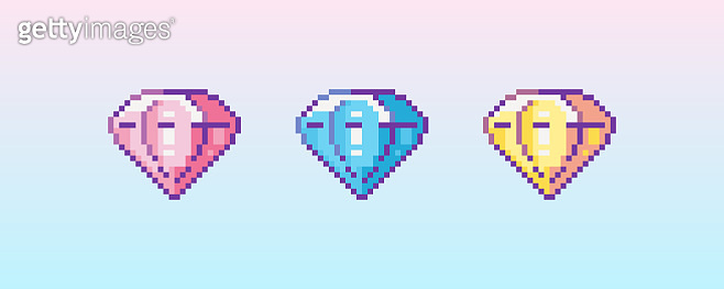 Pixel art diamond icon. 8 bit vector sticker or smile of shiny jewel in ...