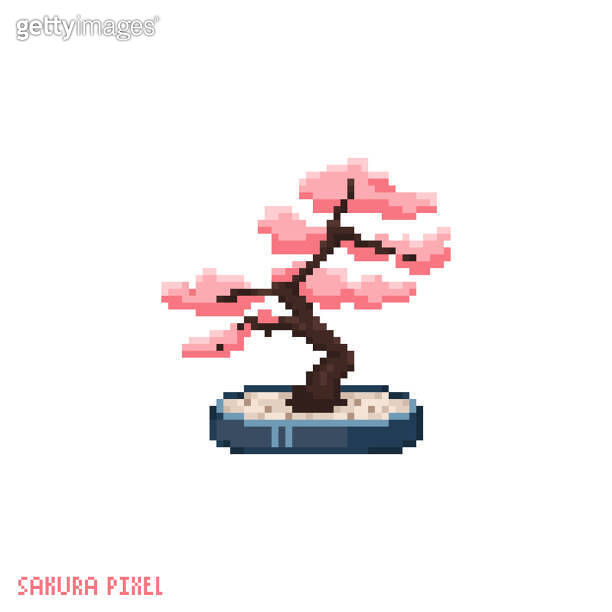 Pixel art bonsai sakura icon. Vector 8 bit style illustration of asian ...