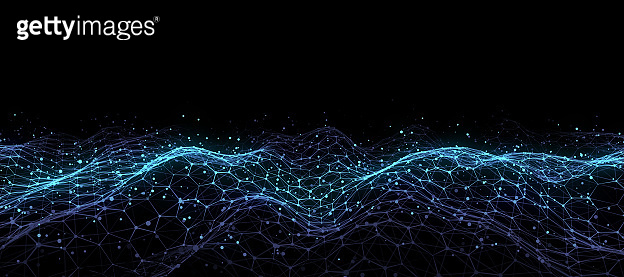 Blue hexagon wave of particles and lines. Big data visualization. Abstract background with a ...