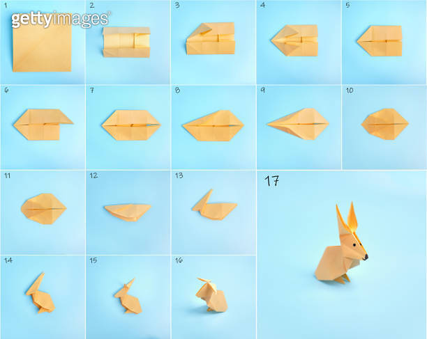 Origami Bunny. Step-by-step photo instruction on a blue background ...