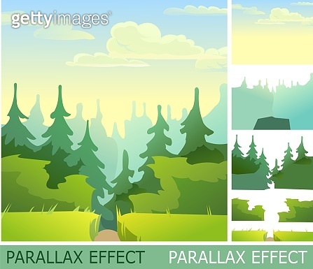 Road to a pine forest through farm rural field with parallax effect. Cute funny floral green ...