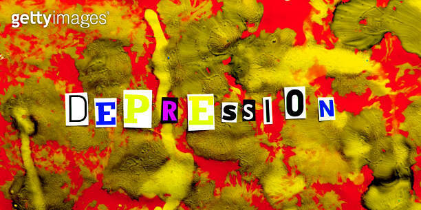 Word writing text Depression from cut letters on abstract strokes ...
