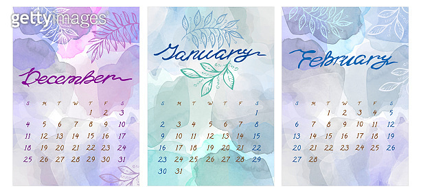 Watercolor Set Winter month Calendar template for 2022 year. December ...