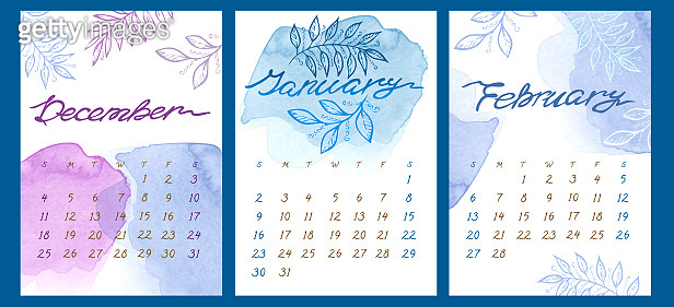 Watercolor Set Winter month Calendar template for 2022 year. December ...