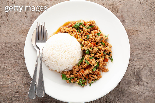 Thai basil minced pork. Rice topped with Thai basil minced pork, Thai ...
