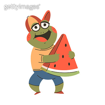Cute frog with watermelon slice vector cartoon character isolated on a ...
