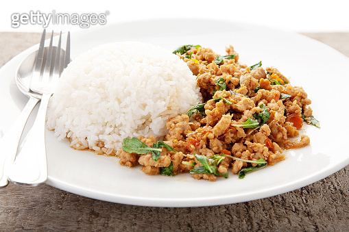Thai basil minced pork. Rice topped with Thai basil minced pork, Thai ...
