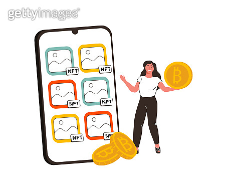 Smiling man buy online on web app store on cellphone with nft coins ...